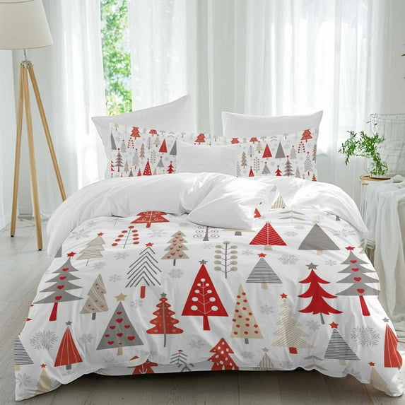 Christmas Tree Duvet Cover Set Queen Size, Snowflake Winter Red Classic Texture 4 Piece Soft ...