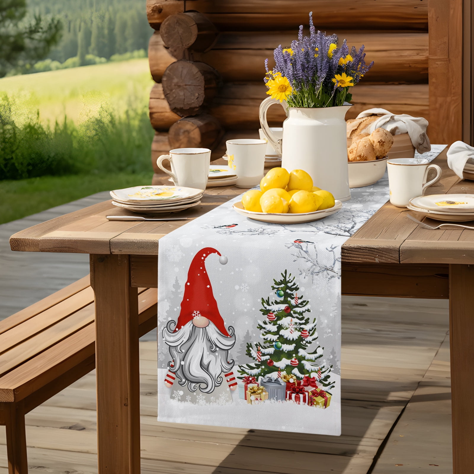 Christmas Tree Dwarfs Forest on Grey Table Runner 13x90in Non-Slip ...