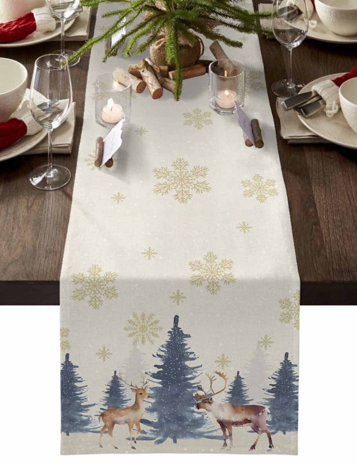 Christmas Tree Elk Cotton Linen Table Runner for Dining Kitchen ...