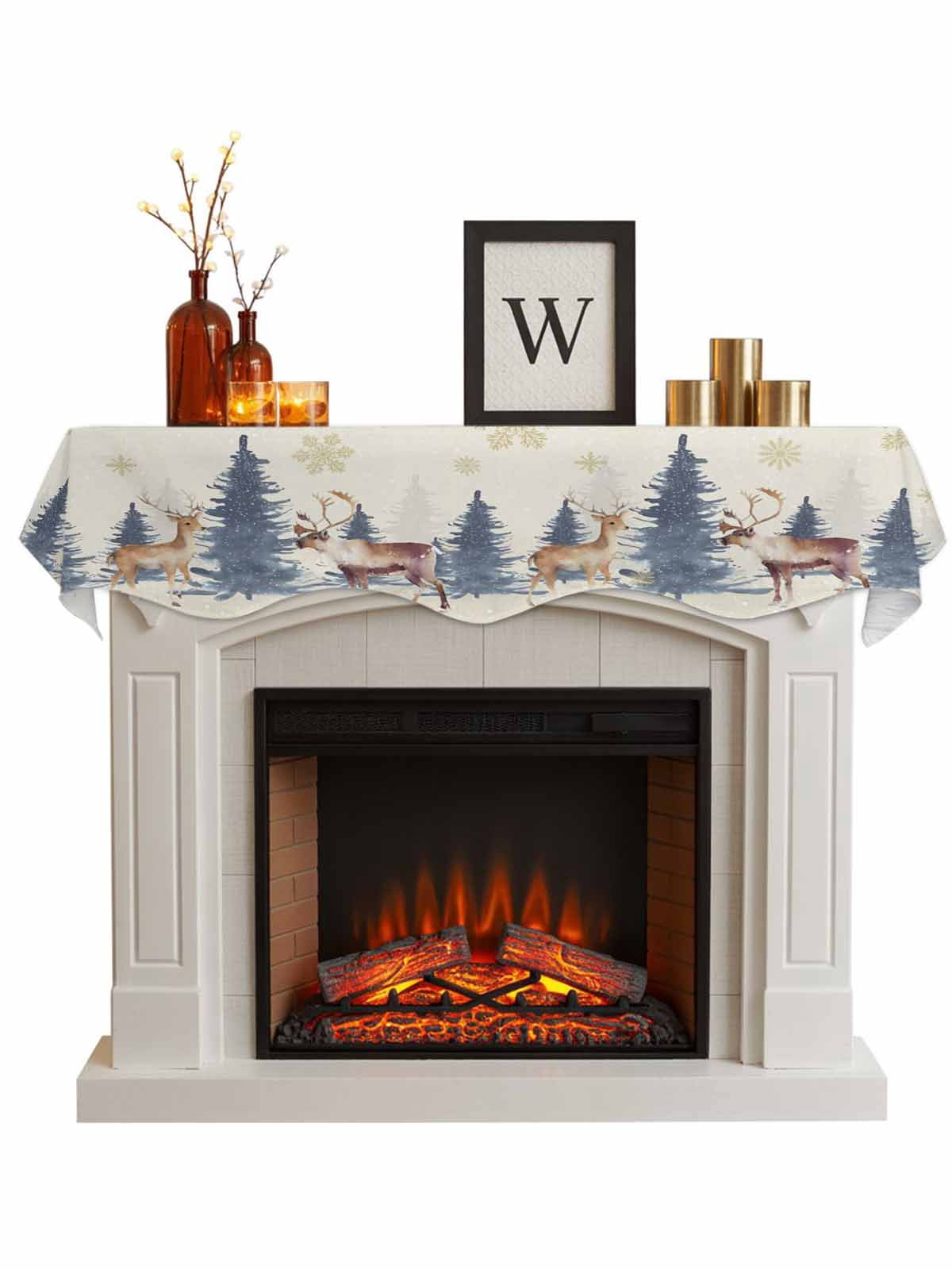 Christmas Tree Elk Fireplace Mantle Scarf, Farmhouse Golden Snowflake ...