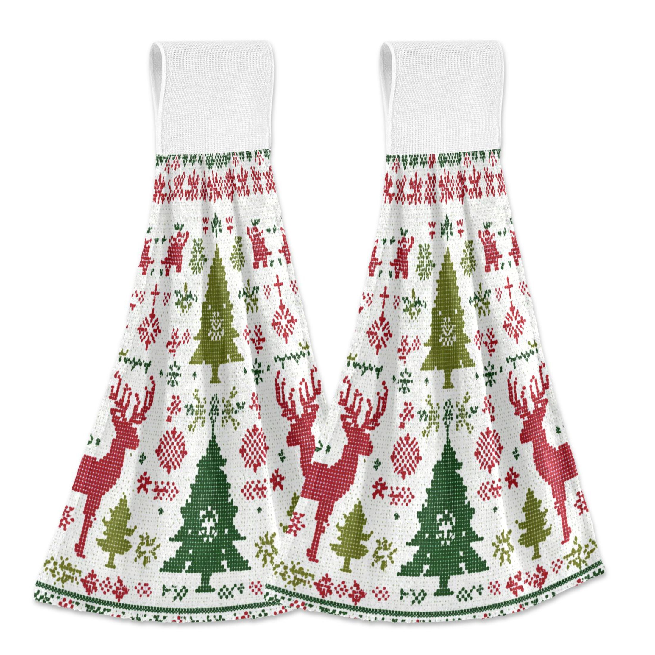 Christmas Tree Elk Knit Pattern Hanging Towels with Loop Hand Towels ...