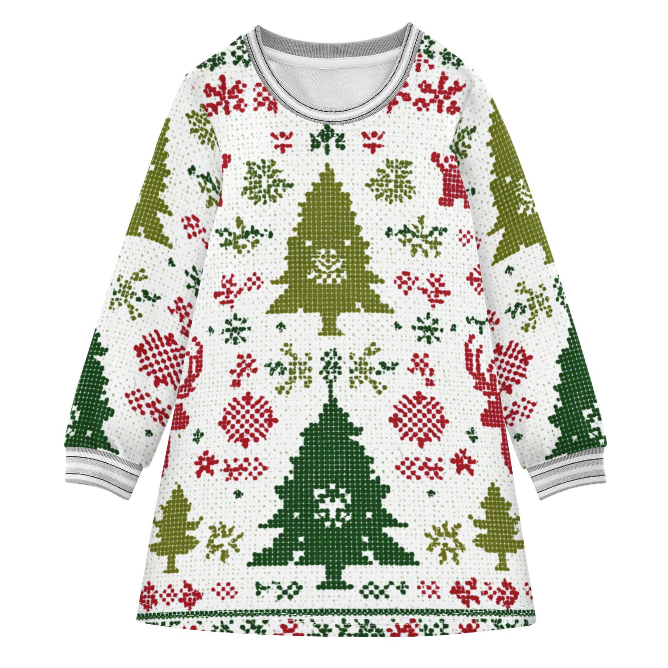 Christmas Tree Elk Knit Pattern Long-sleeved Dress A-line One-Piece ...