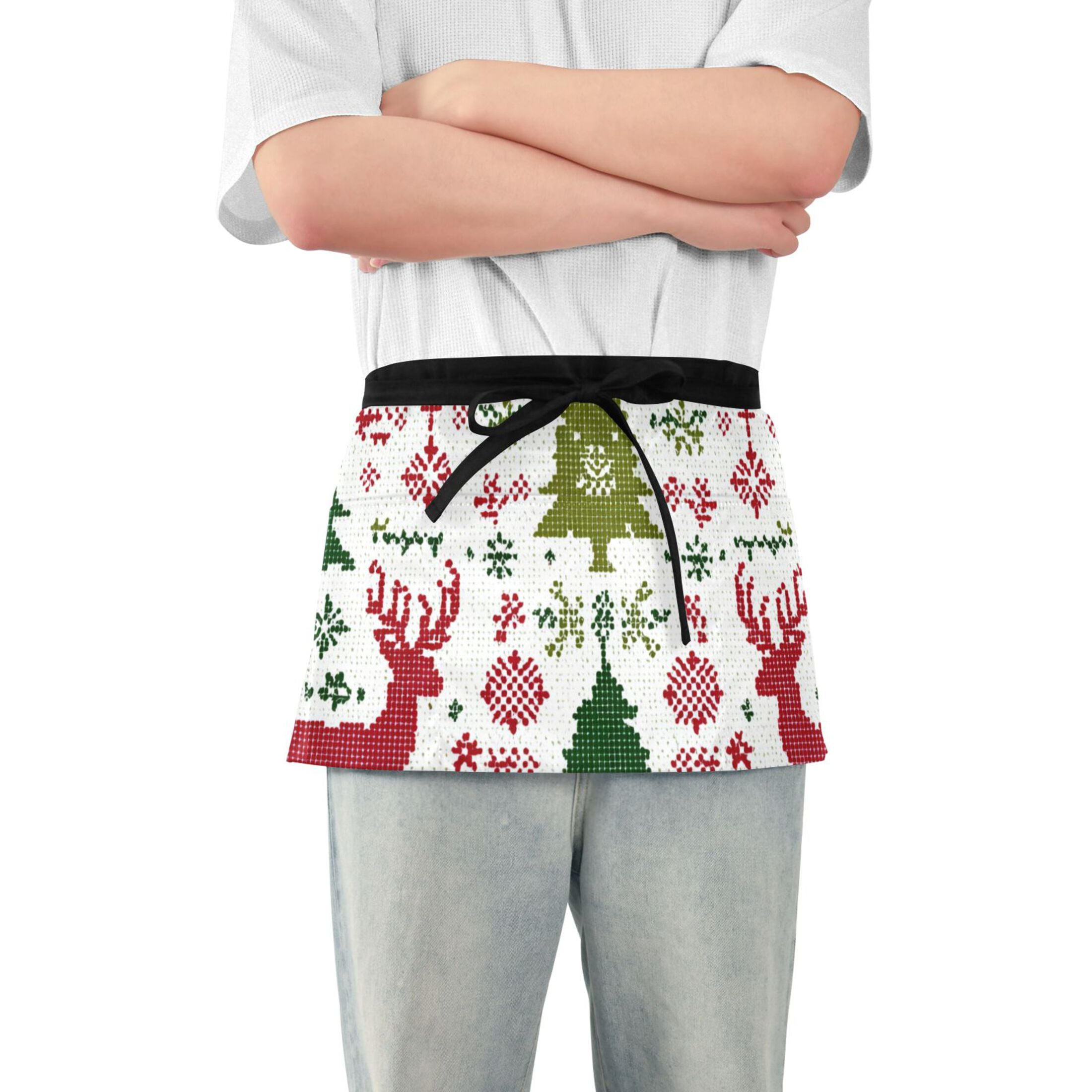 Christmas Tree Elk Knit Pattern Short Server Apron with 3 Pockets for ...