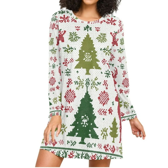 Christmas Tree Elk Knit Pattern Women's Long Sleeves Nightgowns ...
