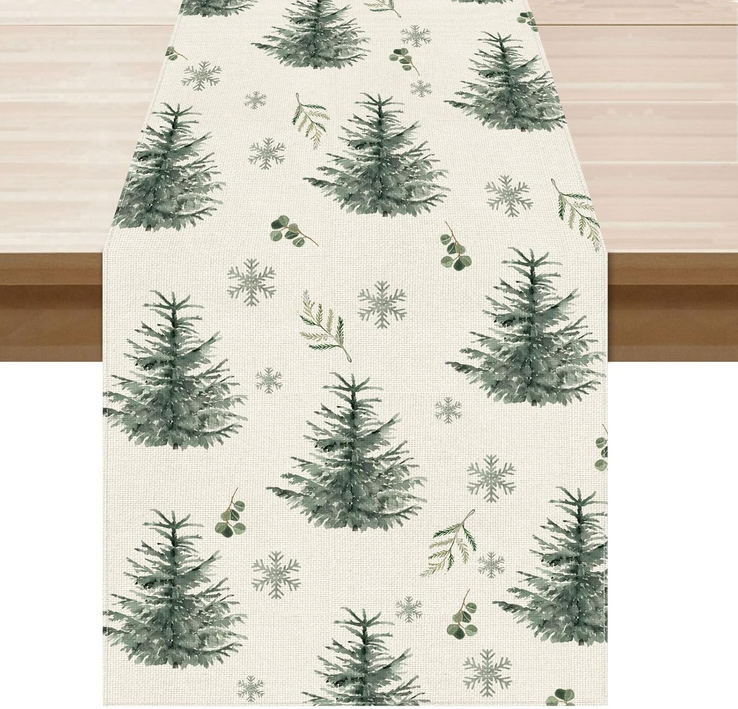 Christmas Tree Eucalyptus Leaves Winter Xmas Cloth Table Runner Burlap ...