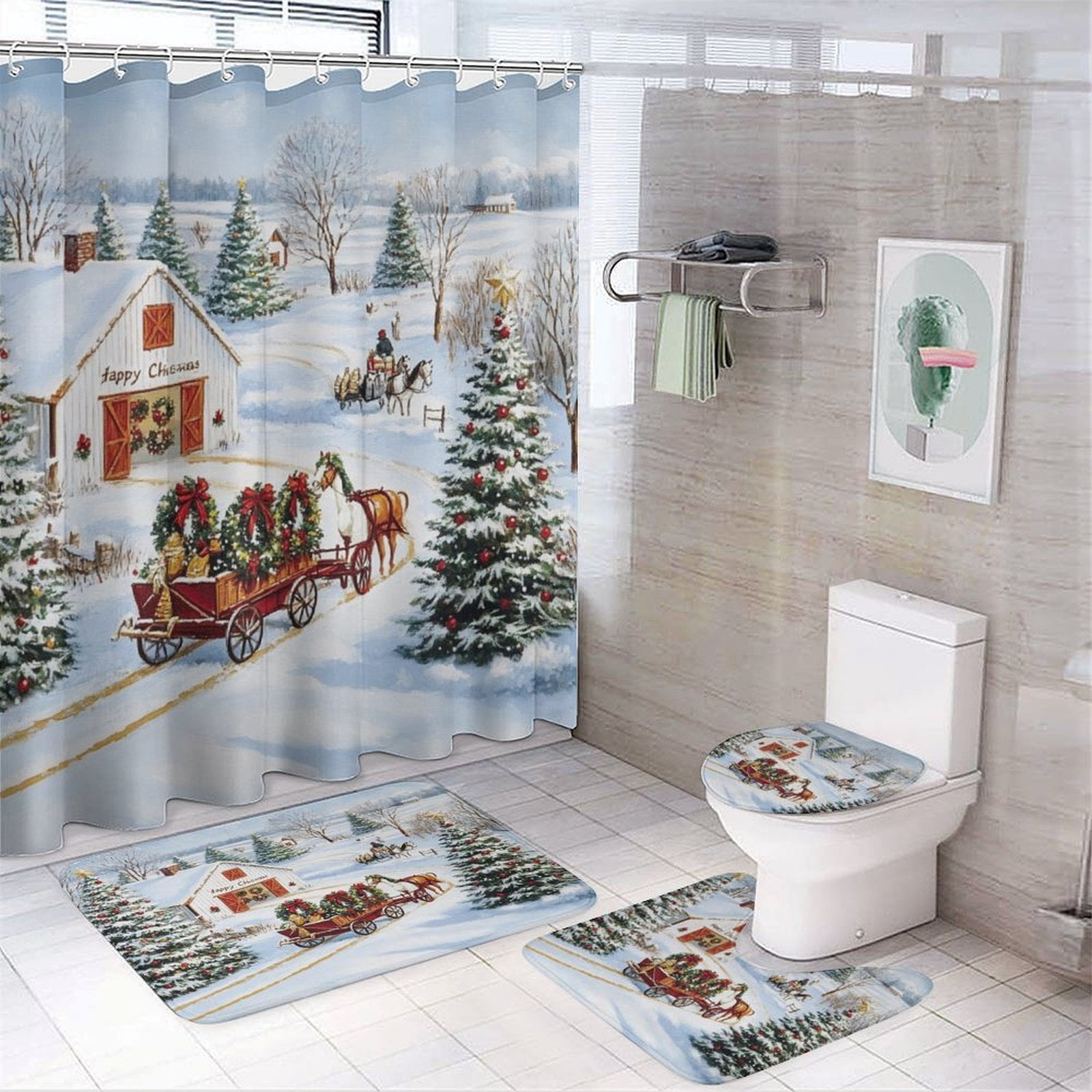 Christmas Tree Farm 4Pcs Shower Curtain Sets with Rugs Non-Slip Rugs ...