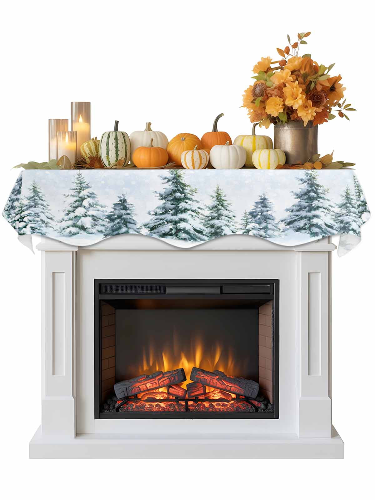 Christmas Tree Fireplace Mantle Scarf Winter Snow Scene Pine Trees ...