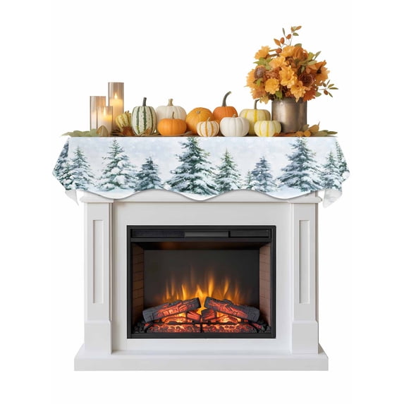 Christmas Tree Fireplace Mantle Scarf Winter Snow Scene Pine Trees ...