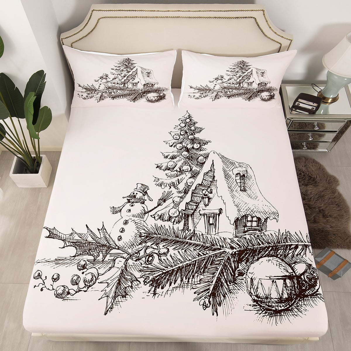 Christmas Tree Fitted Sheet Queen, Hand Drawn Snowman Bed Sheets Adults ...