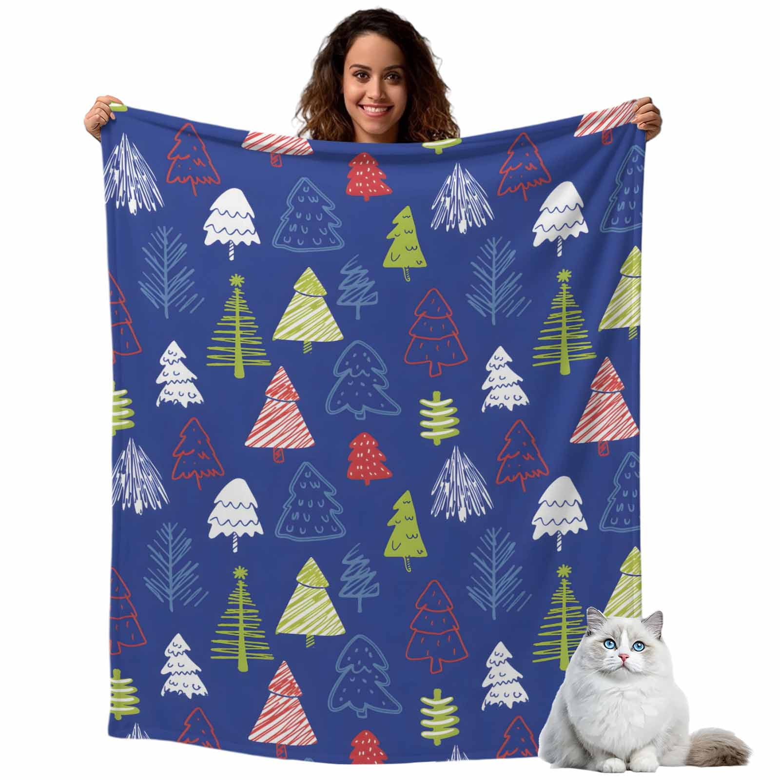 Christmas Tree Fleece Throw Blanket Lightweight Cute Blue Simple Hand ...