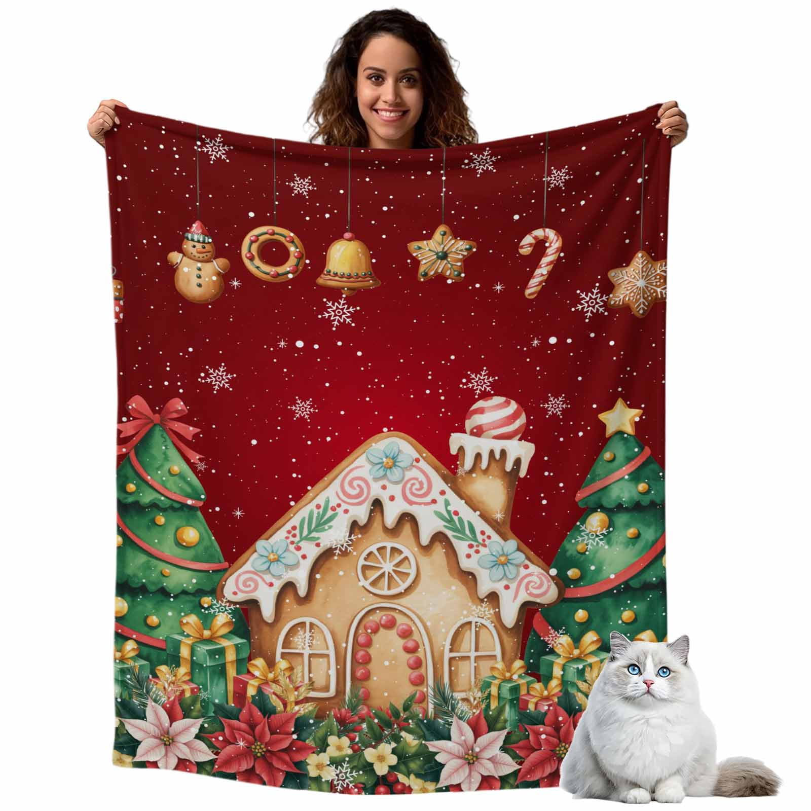 Christmas Tree Fleece Throw Blanket Lightweight Gingerbread House Candy ...
