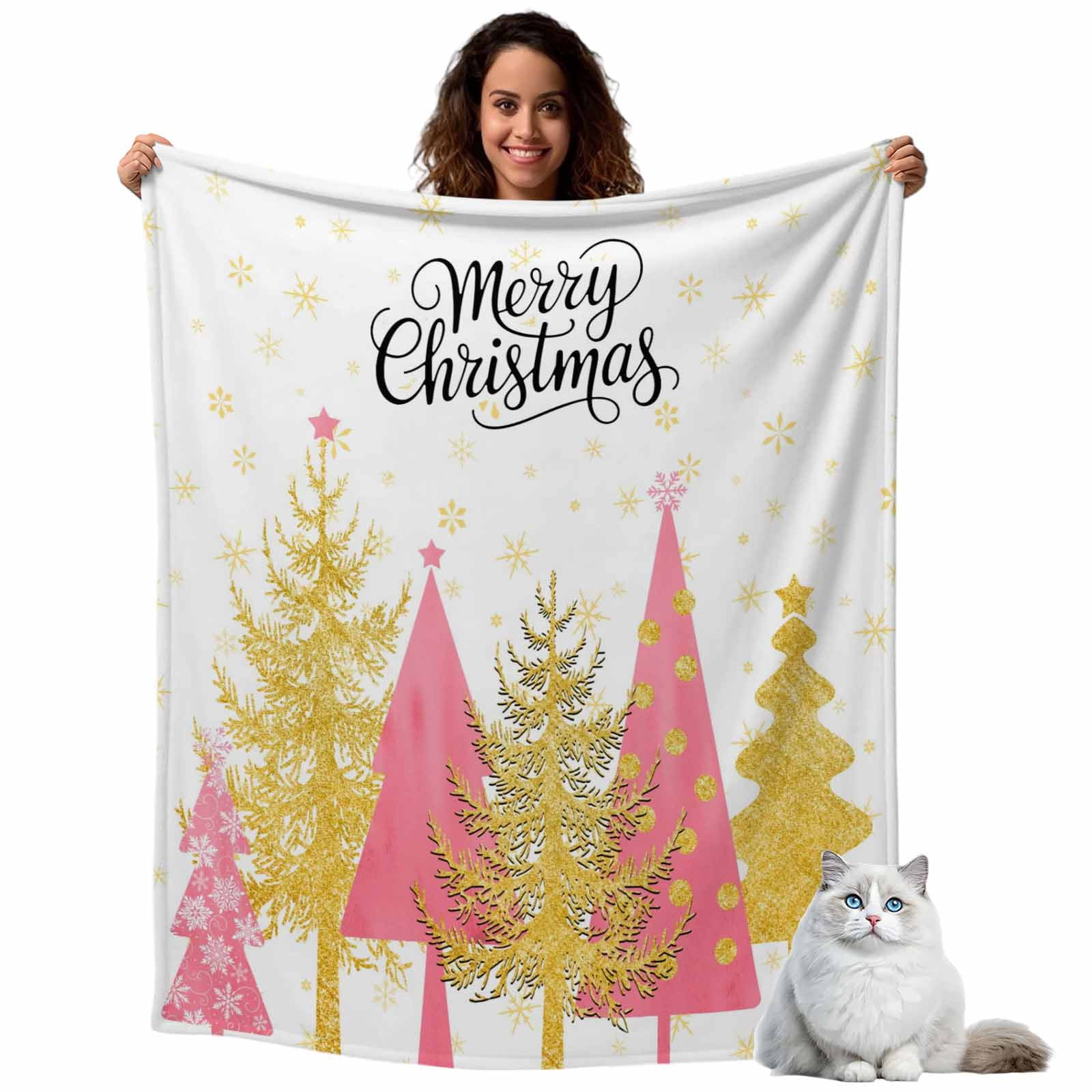 Christmas Tree Fleece Throw Blanket Lightweight Gold Pink Tree Winter ...