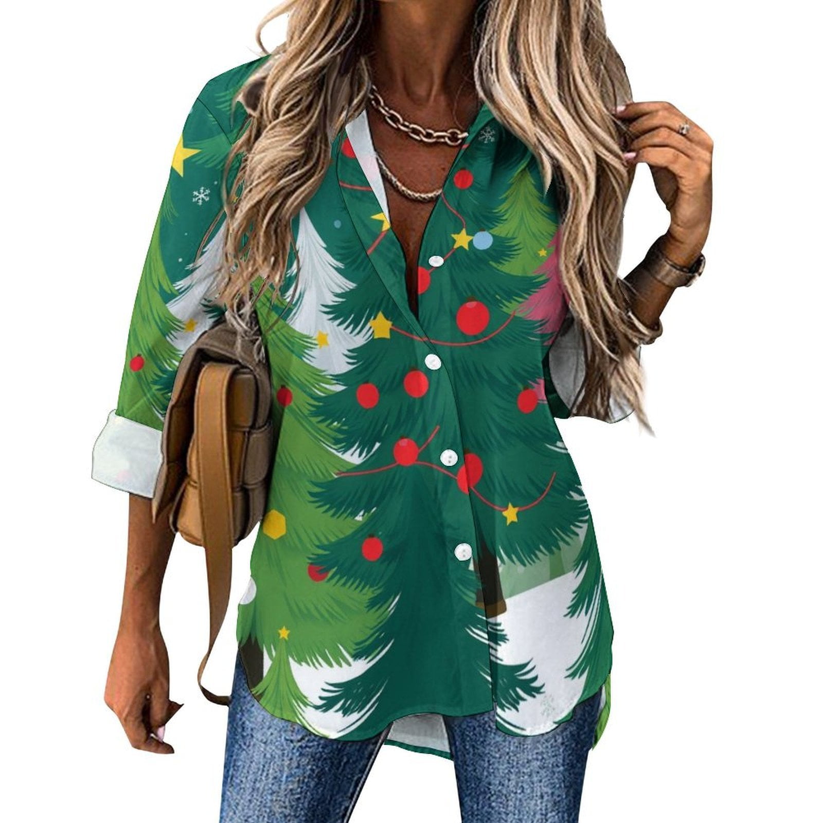 Christmas Tree Forest Blouse Kawaii Graphic Blouses Women Long-Sleeve ...