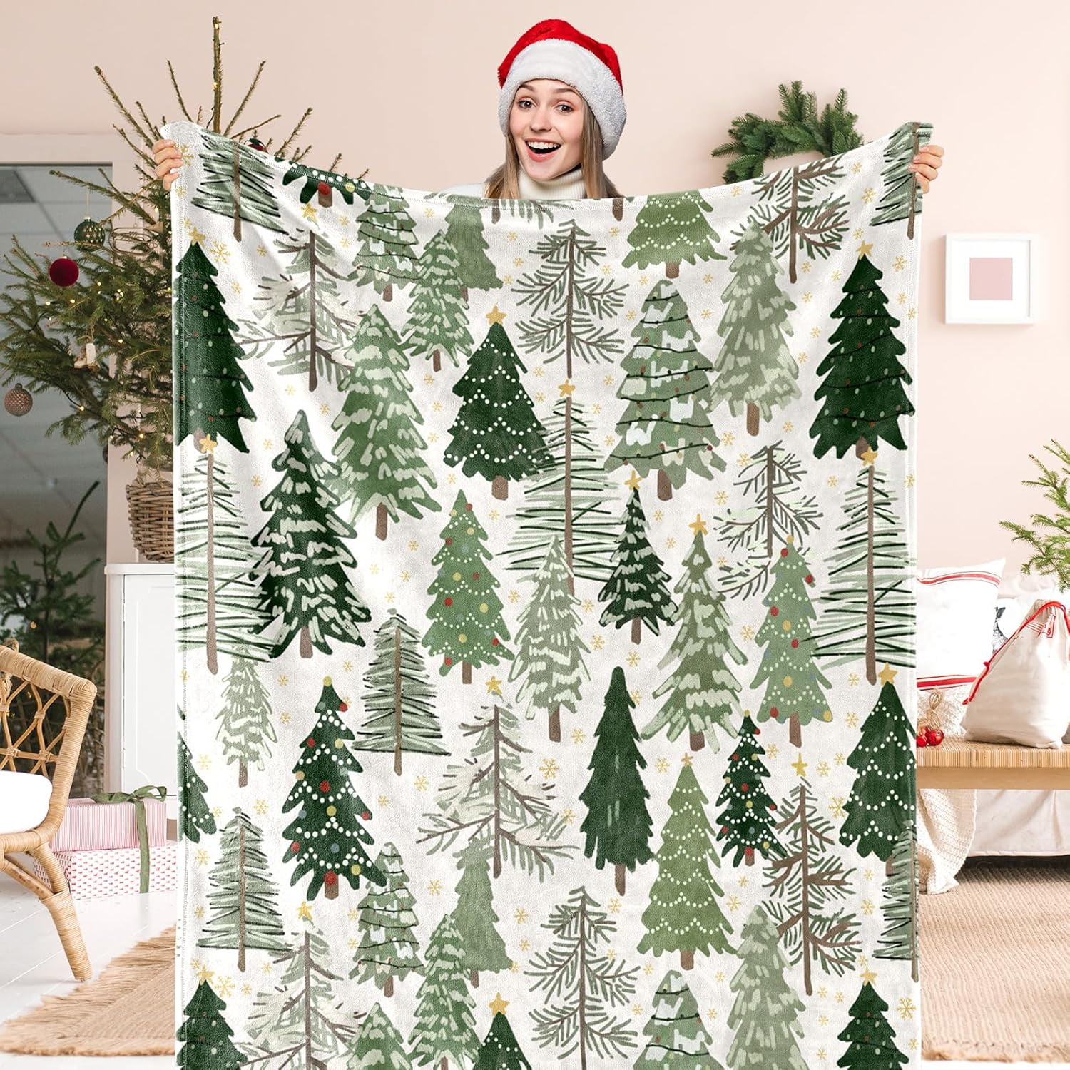 Christmas Tree Fuzzy Blanket 60 x 50 Inch Watercolor Green Forest Soft ...