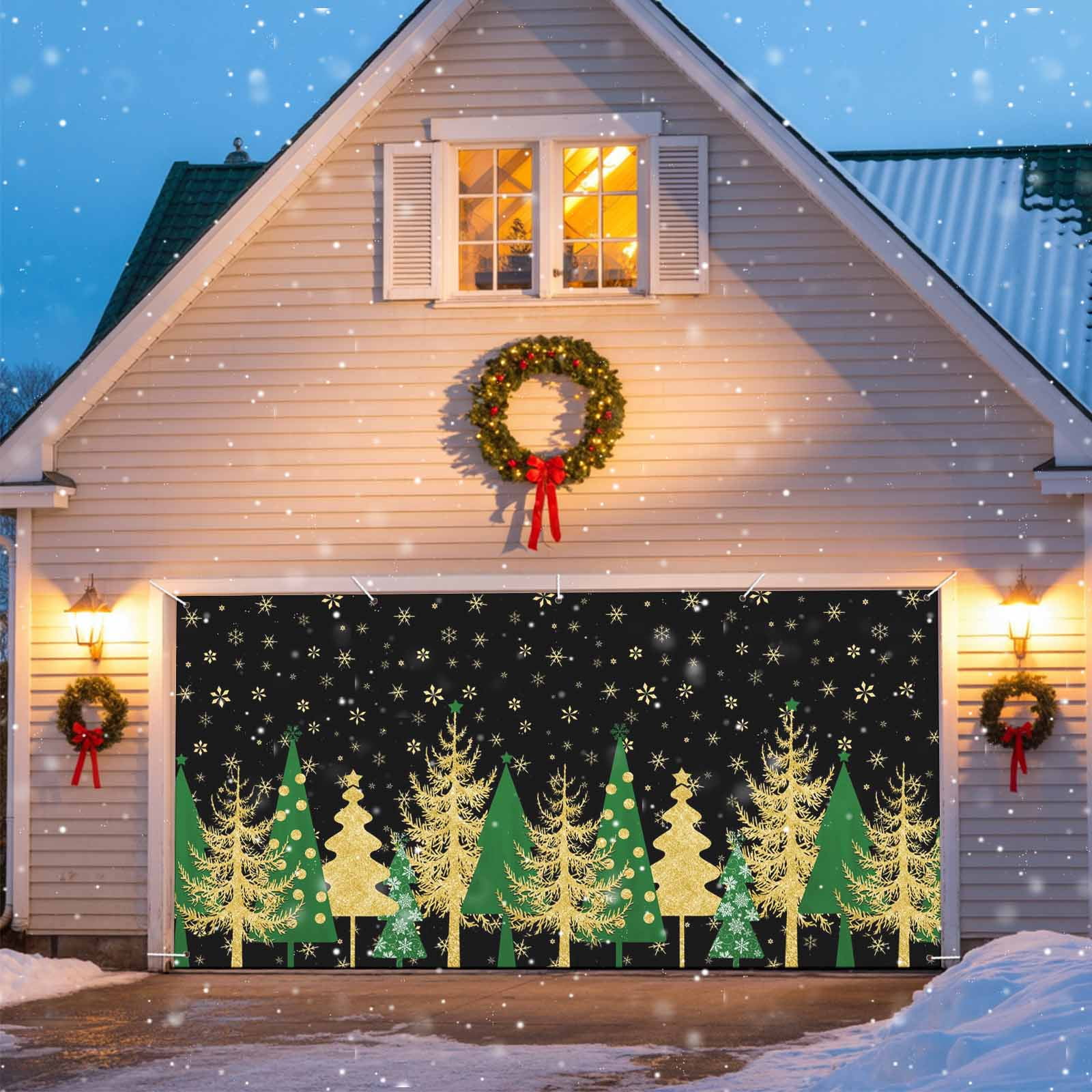 Christmas Tree Garage Door Banner Covers, Winter Snowflake Black Retro ...