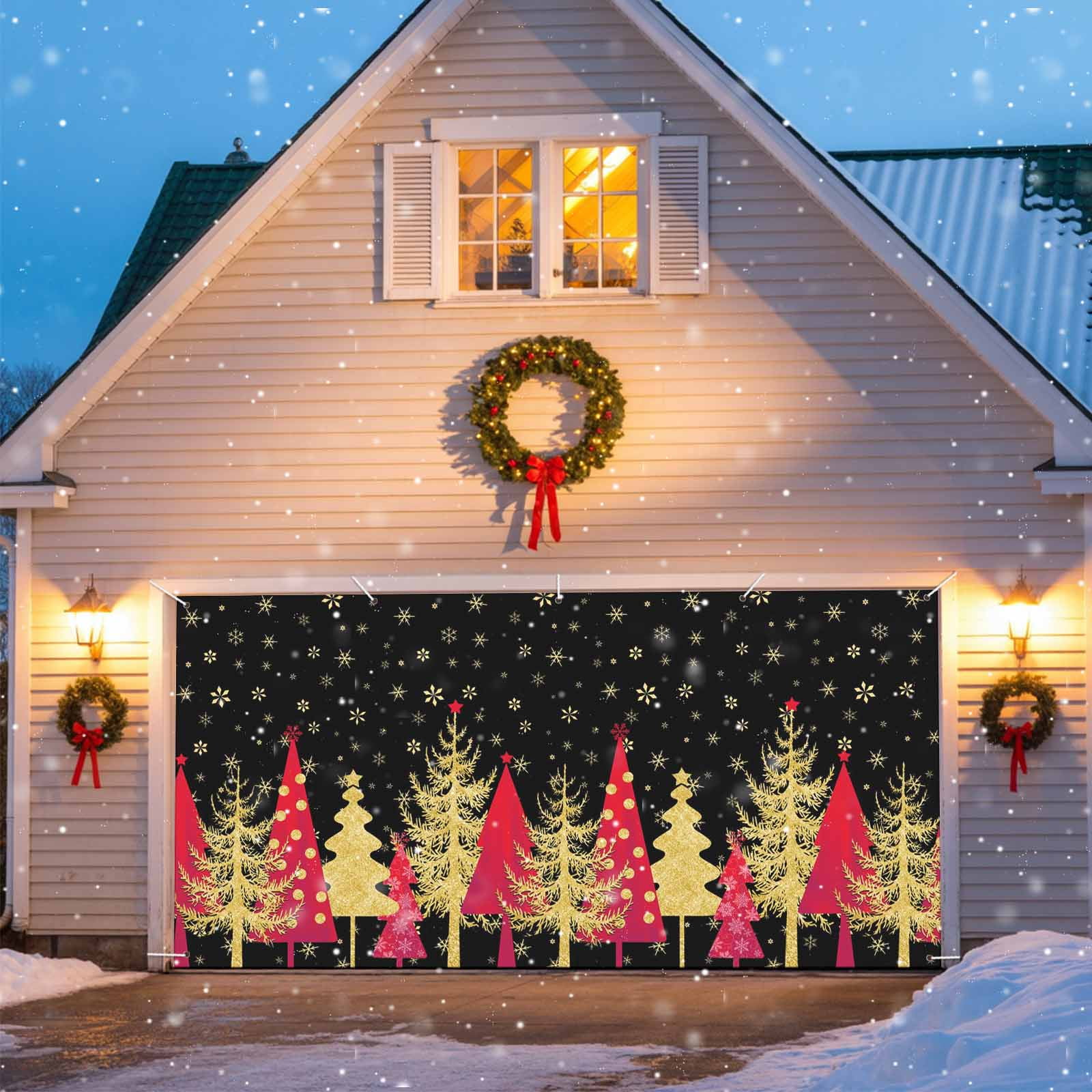 Christmas Tree Garage Door Banner Covers, Winter Snowflake Red Gold ...