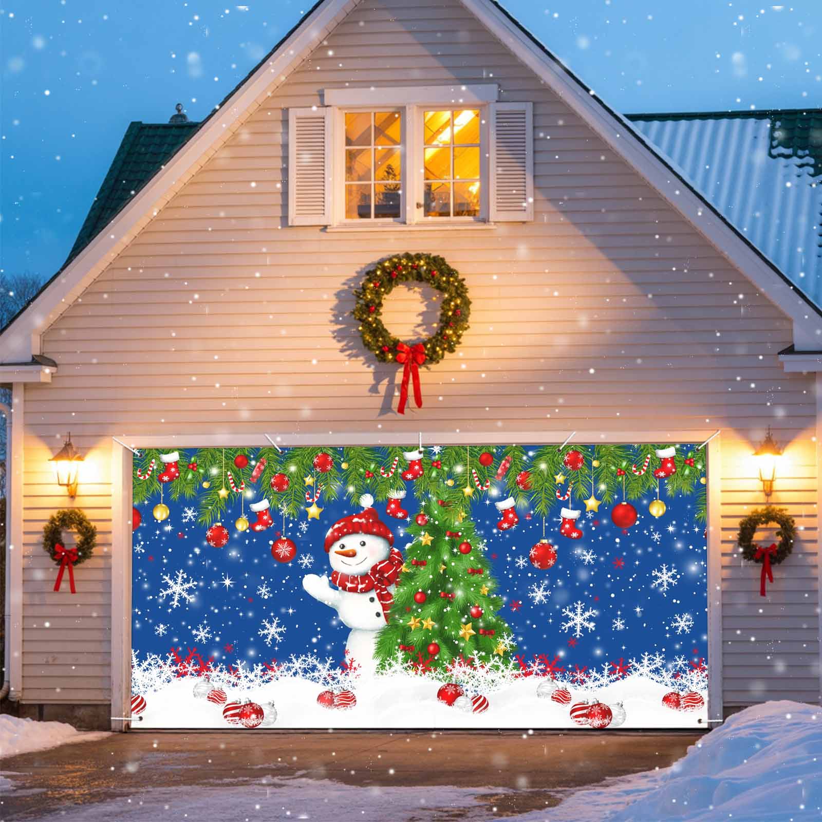 Christmas Tree Garage Door Banner Covers, Xmas Snowman Balls Pine ...