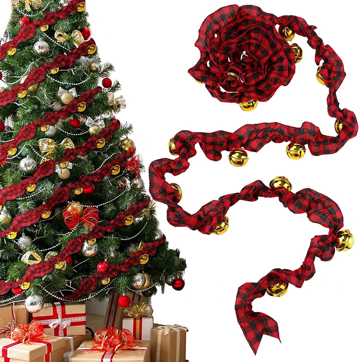 Christmas Tree Garland 9FT Rustic Jingle Bell Buffalo Plaid Ribbon ...