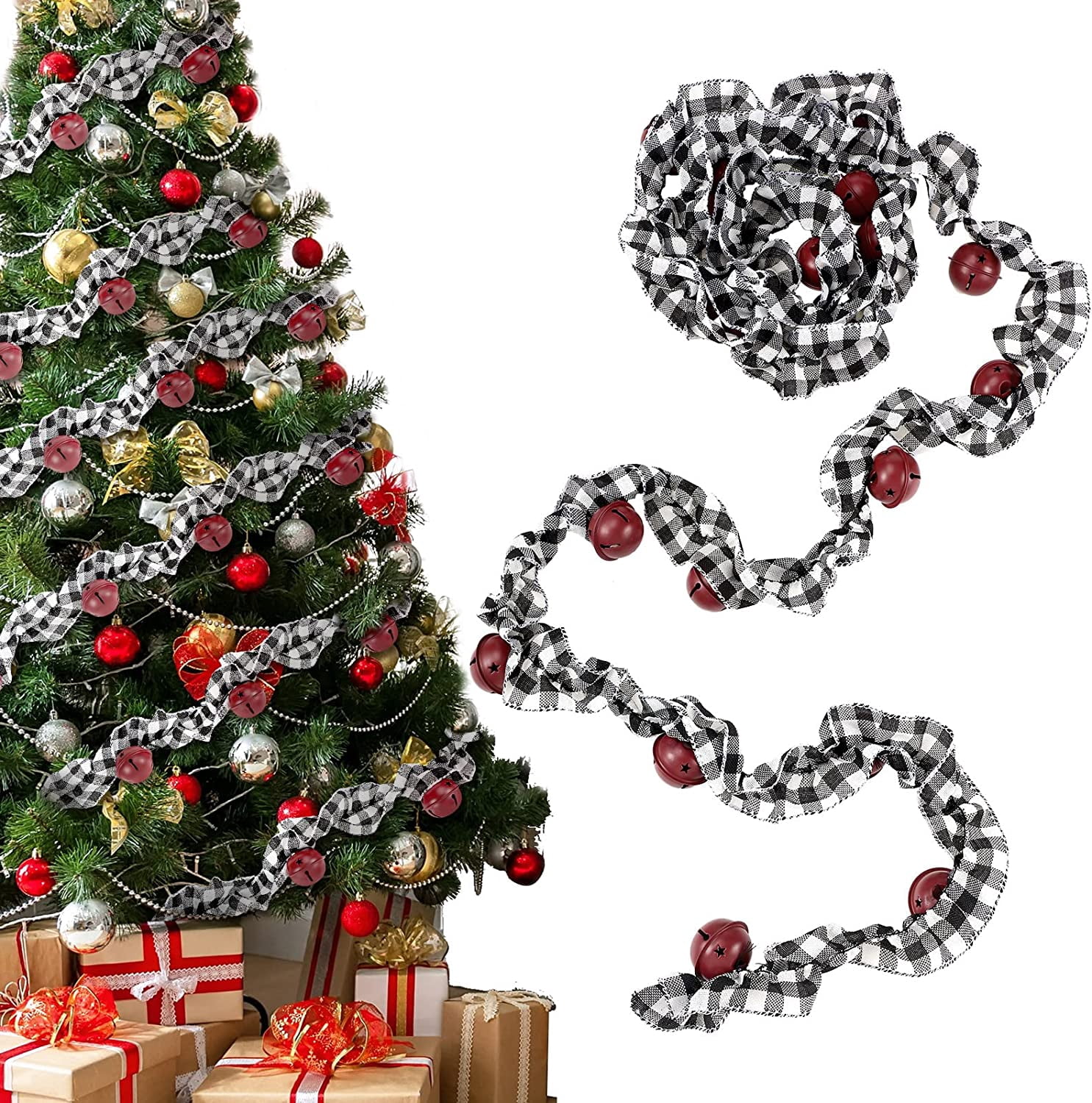 Christmas Tree Garland 9FT Rustic Jingle Bell Buffalo Plaid Ribbon ...