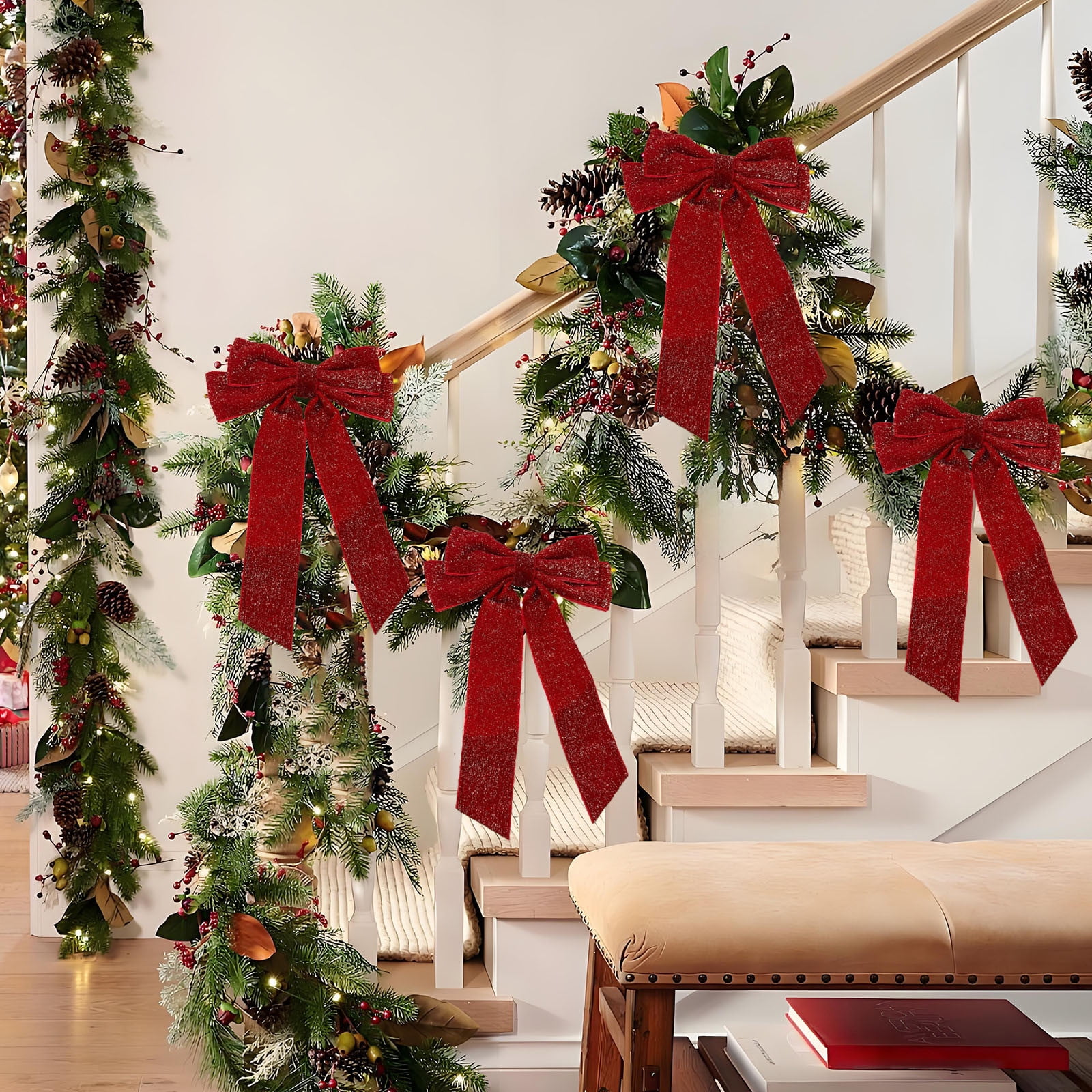 Christmas Tree Garland Bow Decoration Red Hanging Bows for Staircase ...