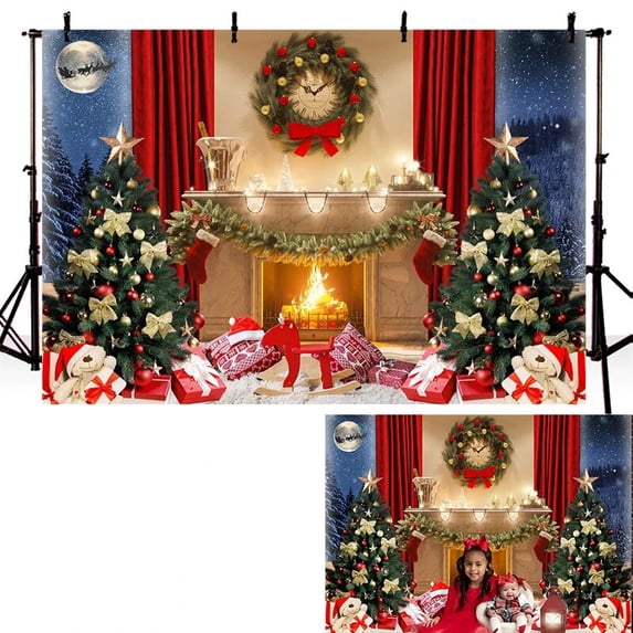 Christmas Tree Gift Photocall Backdrop Window Fireplace Baby Family ...