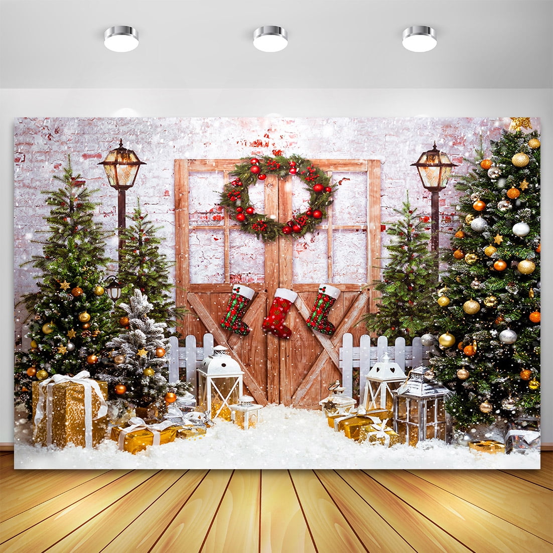 Christmas Tree Gift Photocall Backdrop Window Fireplace Baby Family ...