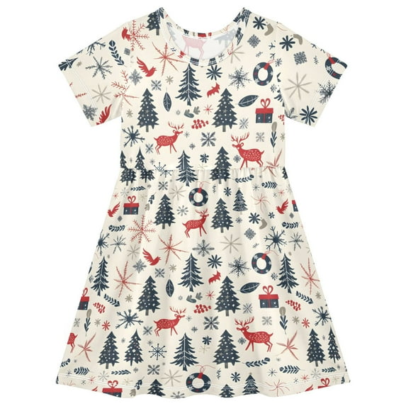 Christmas Tree Gift Short Sleeve Dress A-Line Cute Midi Casual Sundress ...