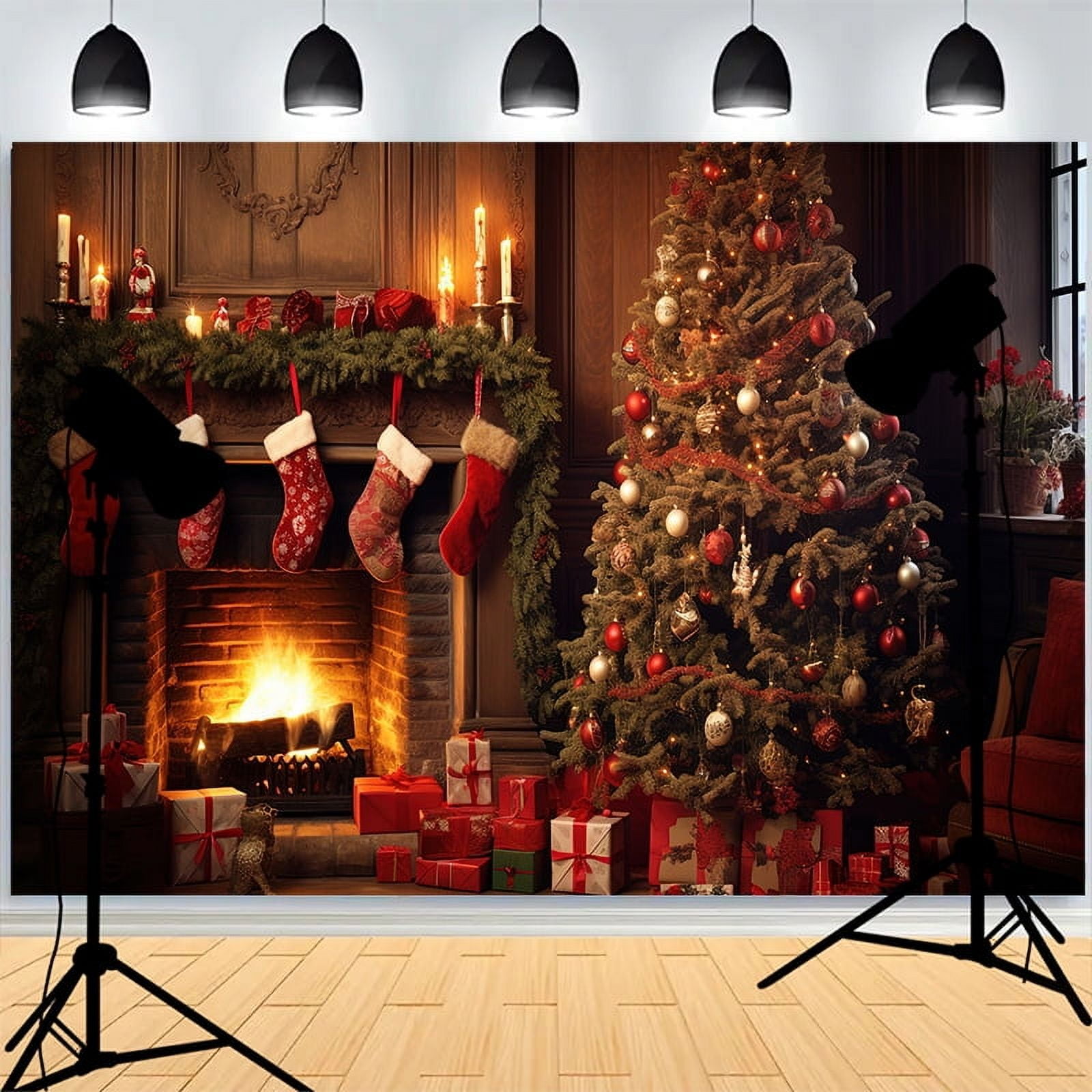 Christmas Tree Gifts Window Photography Backdrop Living Room Snowflake Family Party New Year ...
