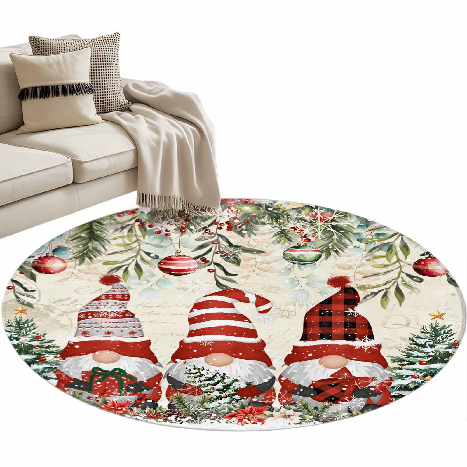 Christmas Tree Gnomes Round Area Rug 4ft Winter Snowflake Eucalyptus ...
