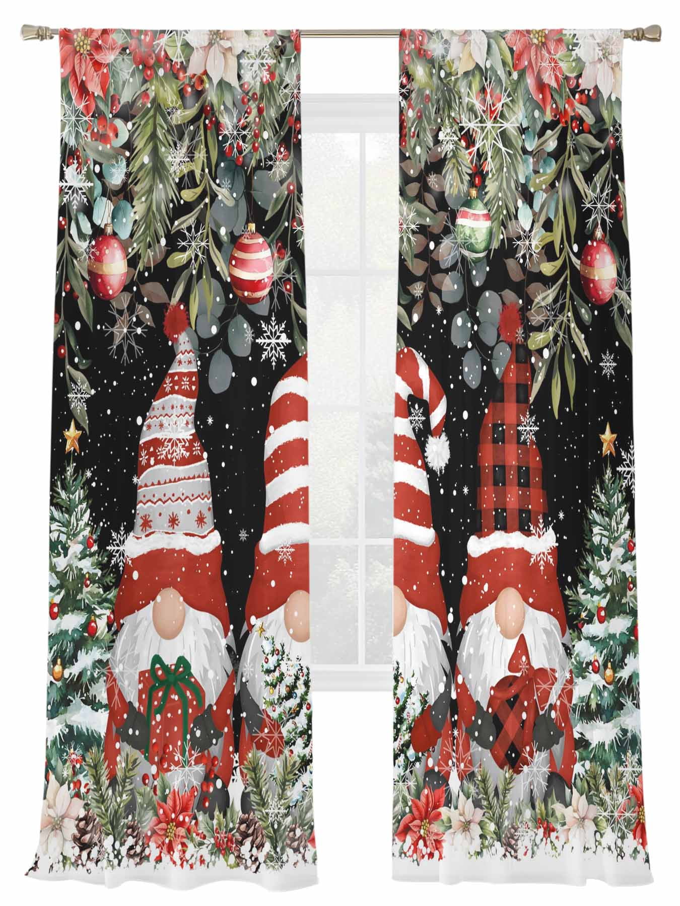 Christmas Tree Gnomes Sheer Curtains 96 inches Long, Winter Snowflake ...