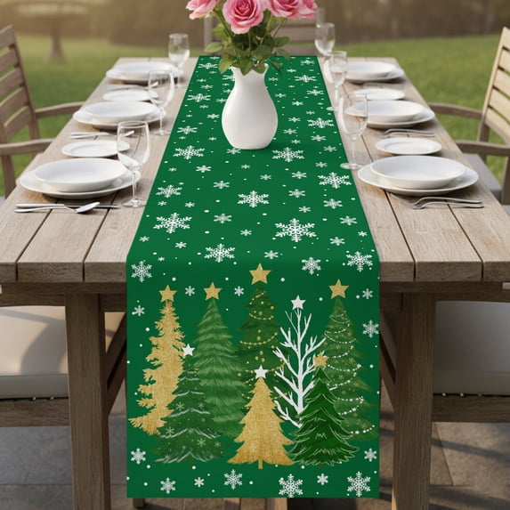 Christmas Tree on Green Table Runner 13x36in Non-Slip Cotton Linen ...