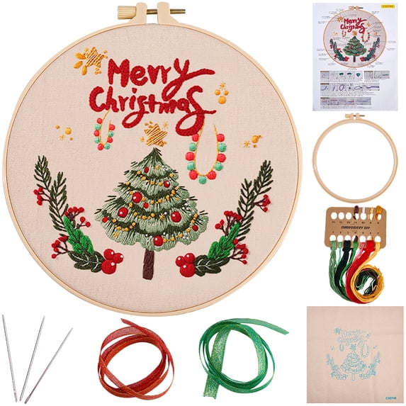 Christmas Tree Hand Embroidery Starting Kit Stitch Kits with Hoop Easy ...