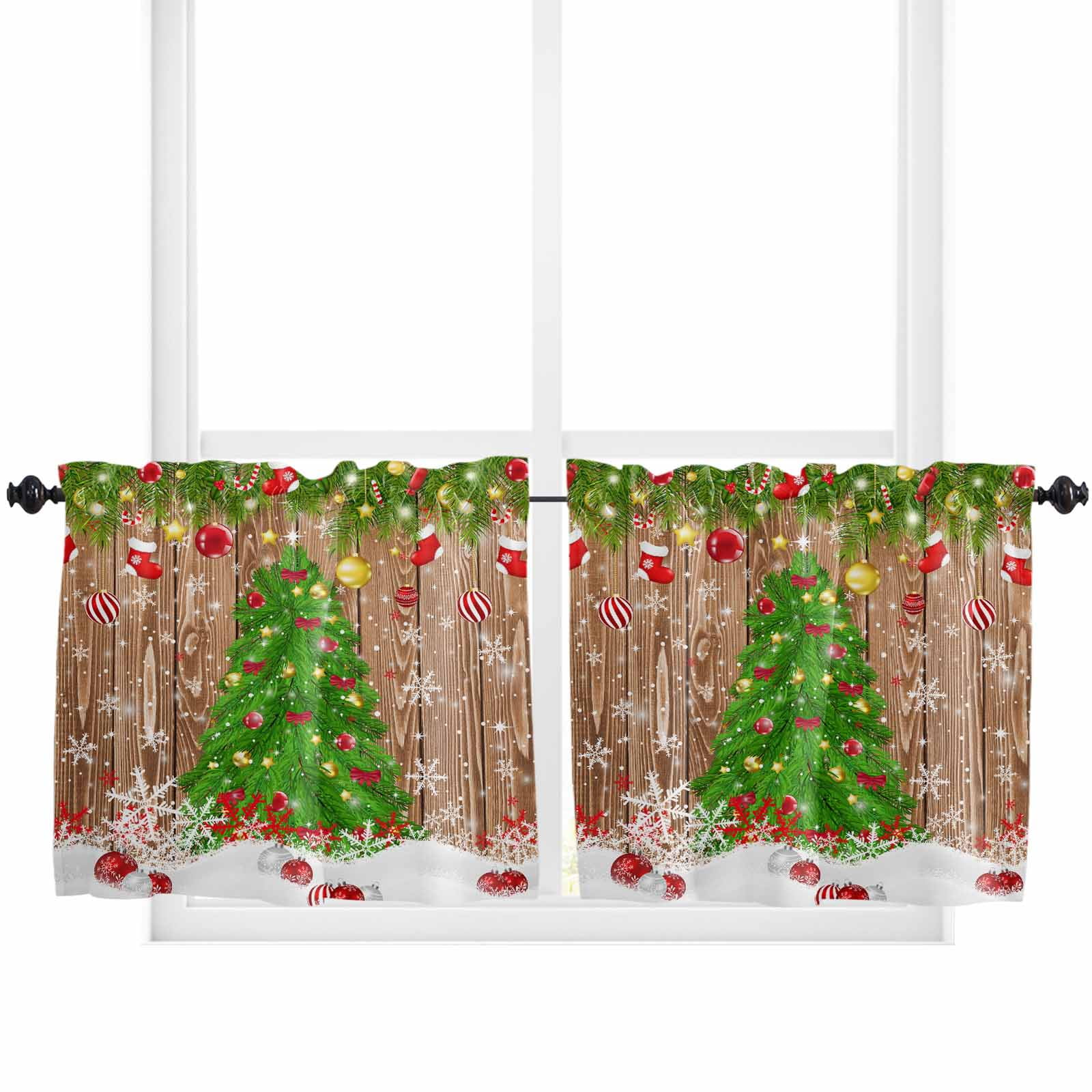 Christmas Tree Kitchen Curtain 2 Panels Tiers Curtains 36 Inch Length ...