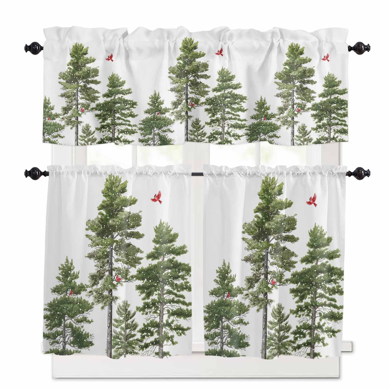 Christmas Tree Kitchen Curtains and Valances Set, Cardinal Red Bird ...