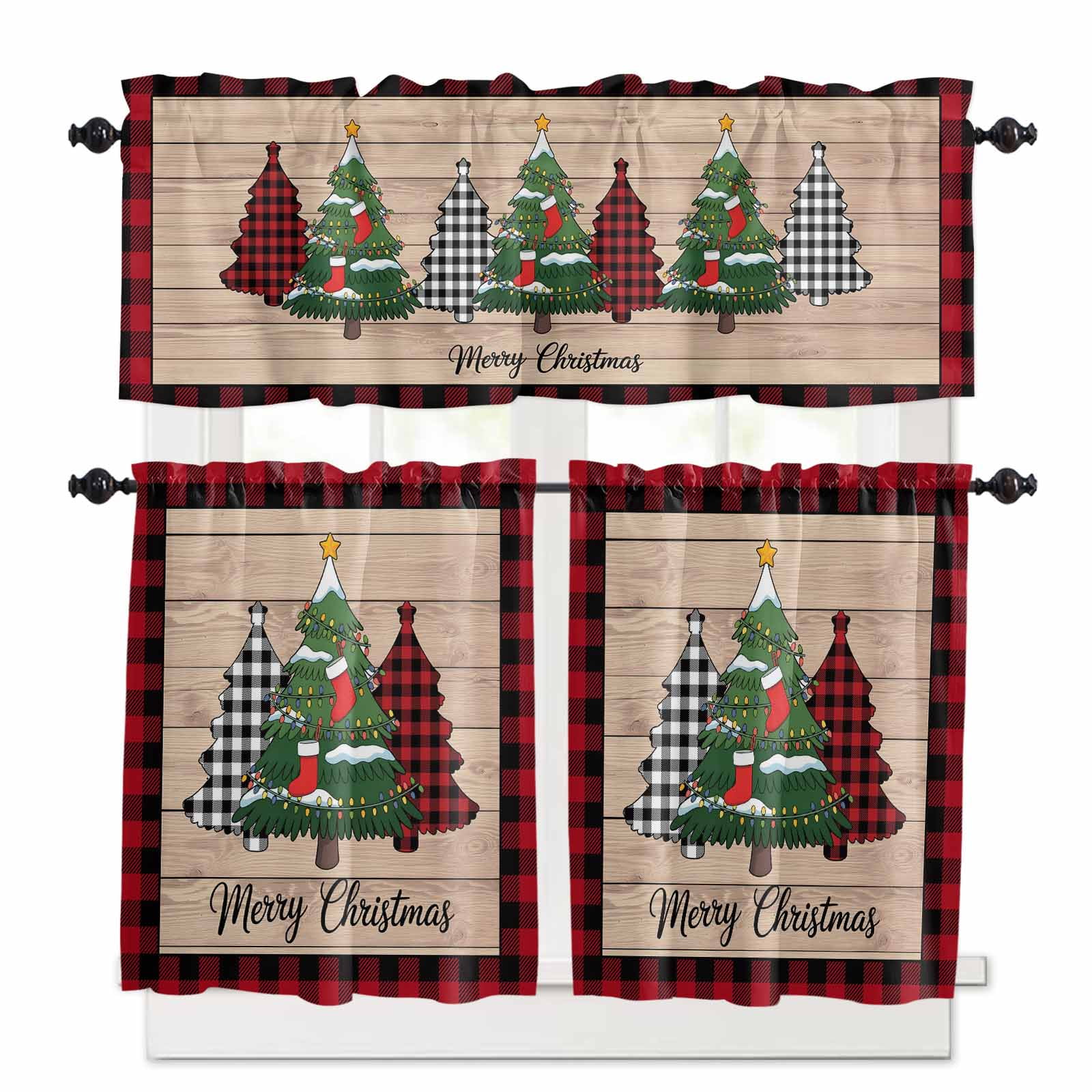 Christmas Tree Kitchen Curtains and Valances Set, Pine Tree Wood Grain ...