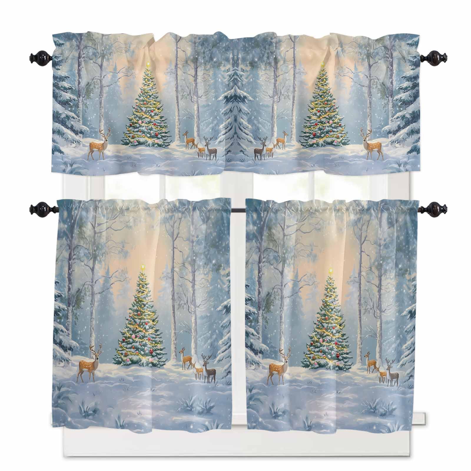 Christmas Tree Kitchen Curtains and Valances Set, Reindeer Winter Snow ...