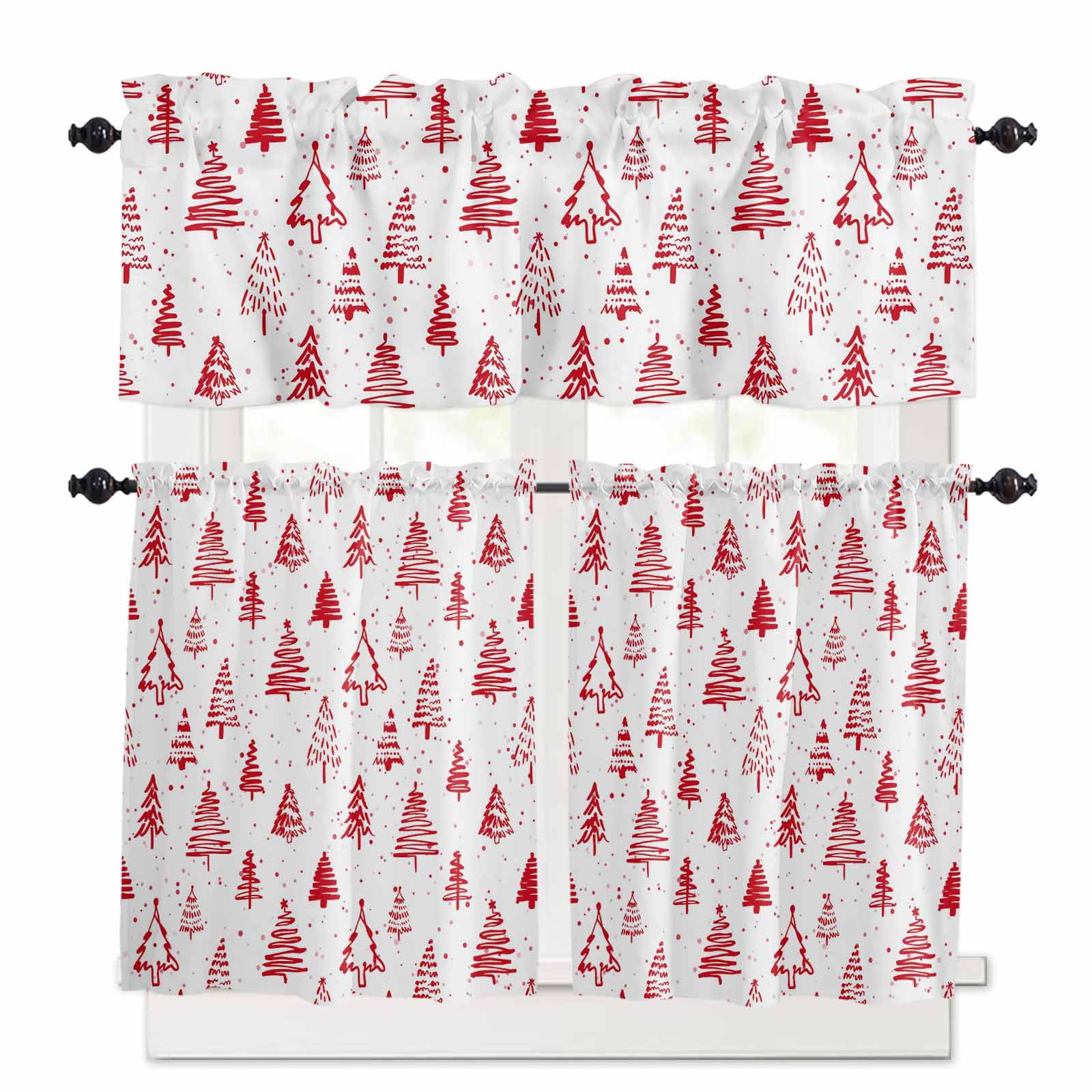 Christmas Tree Kitchen Curtains and Valances Set, Retro Abstract Red ...