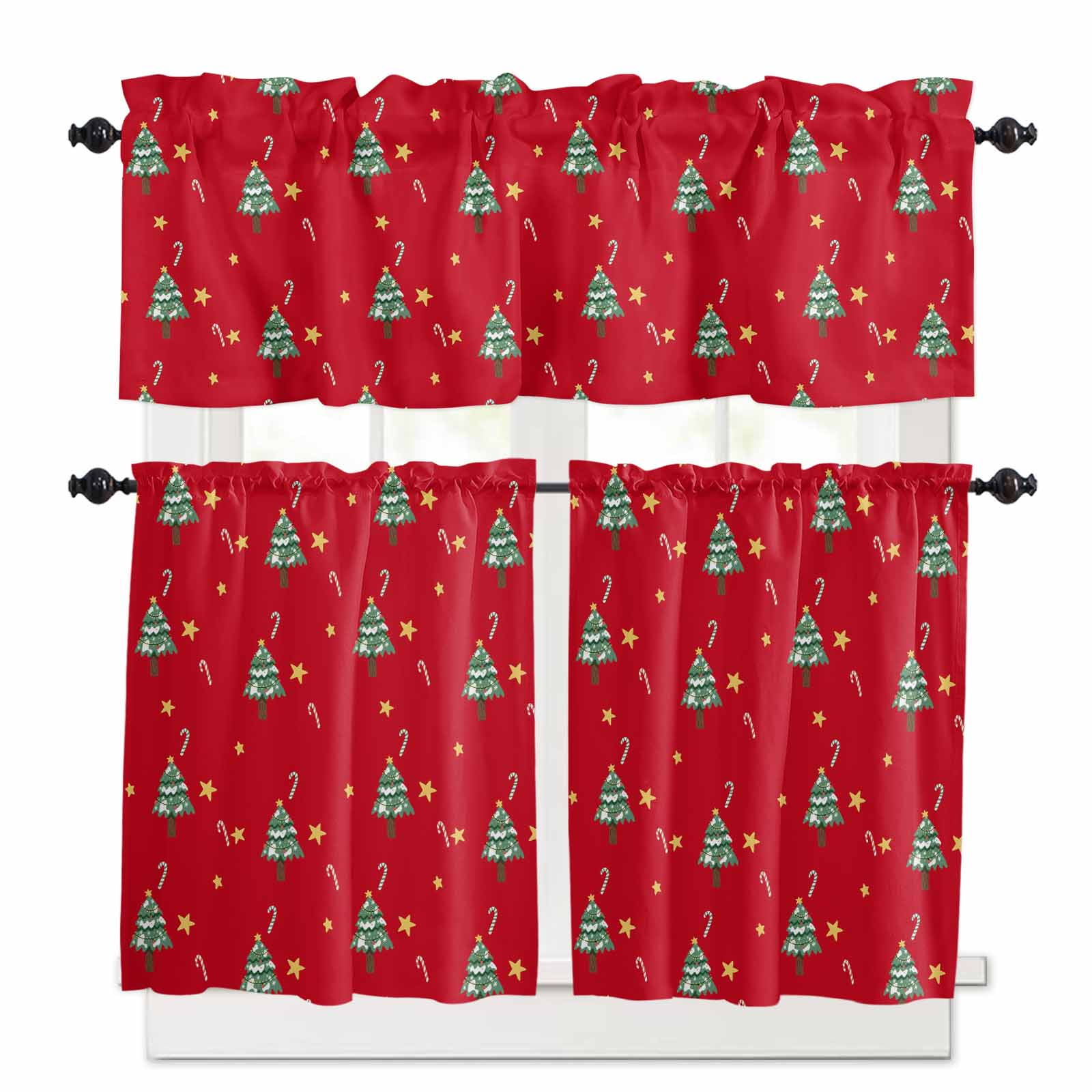 Christmas Tree Kitchen Curtains Valances and Tiers Set of 3 Crutch ...