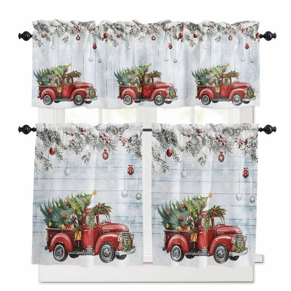 Christmas Tree Kitchen Curtains Valances and Tiers Set of 3 Red Truck ...