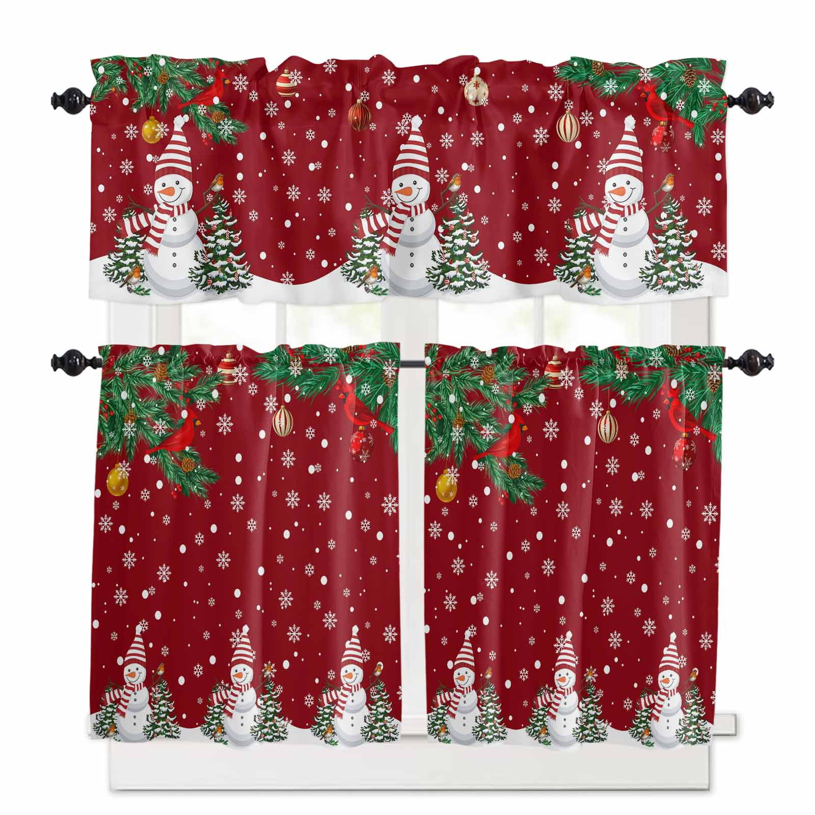 Christmas Tree Kitchen Curtains Valances and Tiers Set of 3 Snowman ...