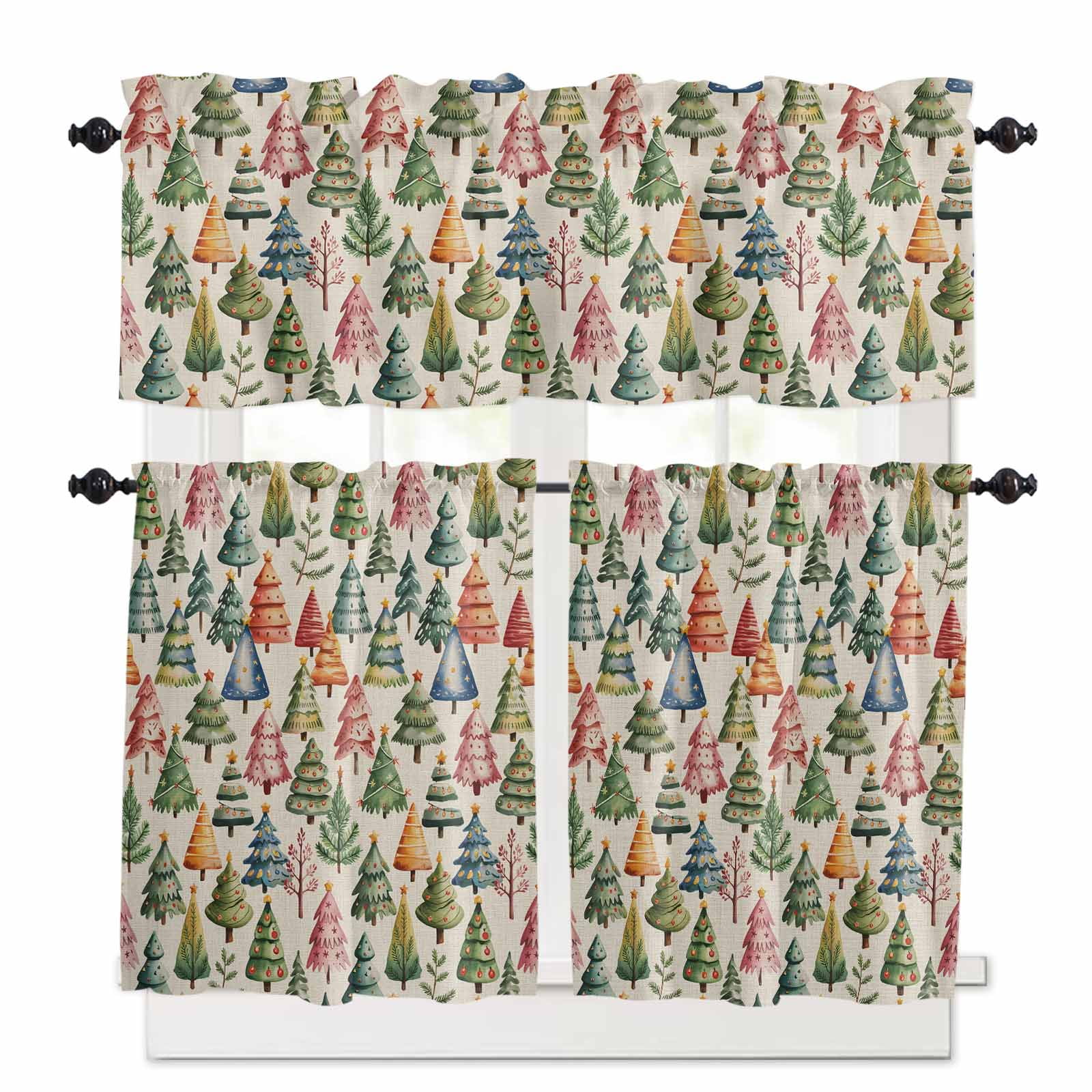 Christmas Tree Kitchen Curtains Valances and Tiers Set of 3 Vintage ...