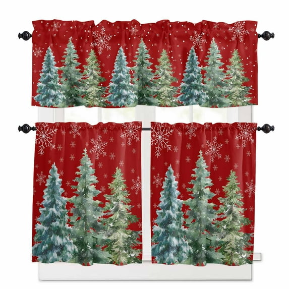 Christmas Tree Kitchen Curtains Valances and Tiers Set of 3 Watercolor ...