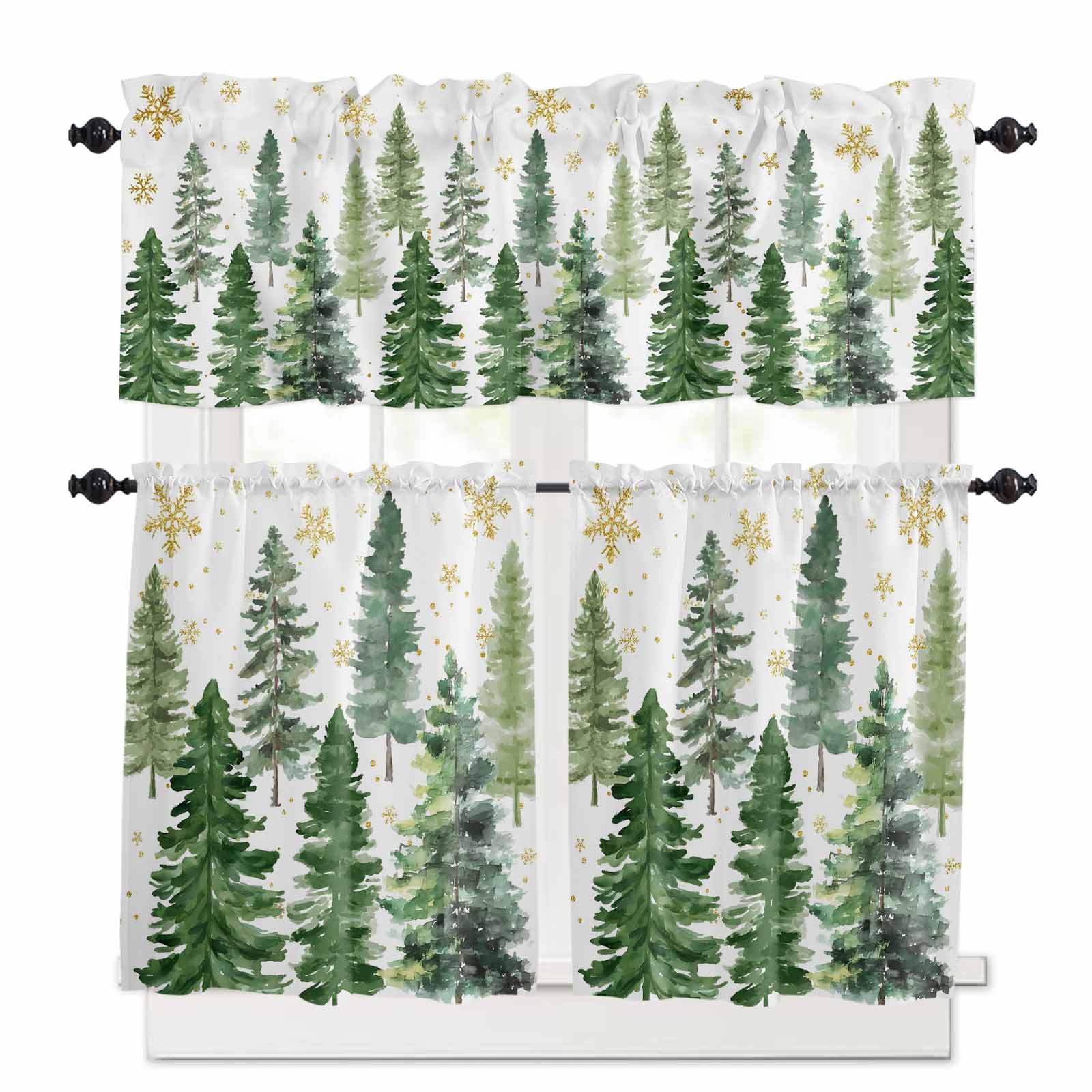Christmas Tree Kitchen Curtains Valances and Tiers Set of 3 Winter Xmas ...