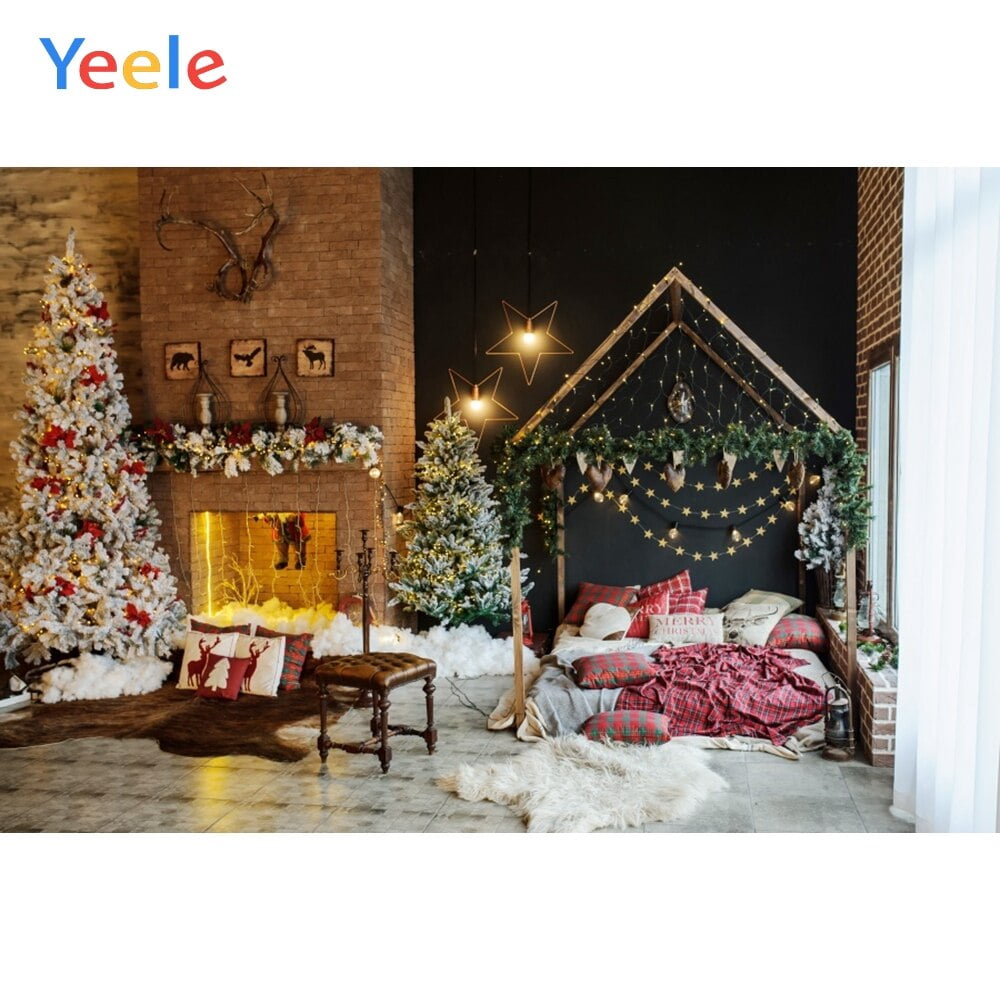 Christmas Tree Light Fireplace Bed Carpet Wood Floor Pink Backdrop ...