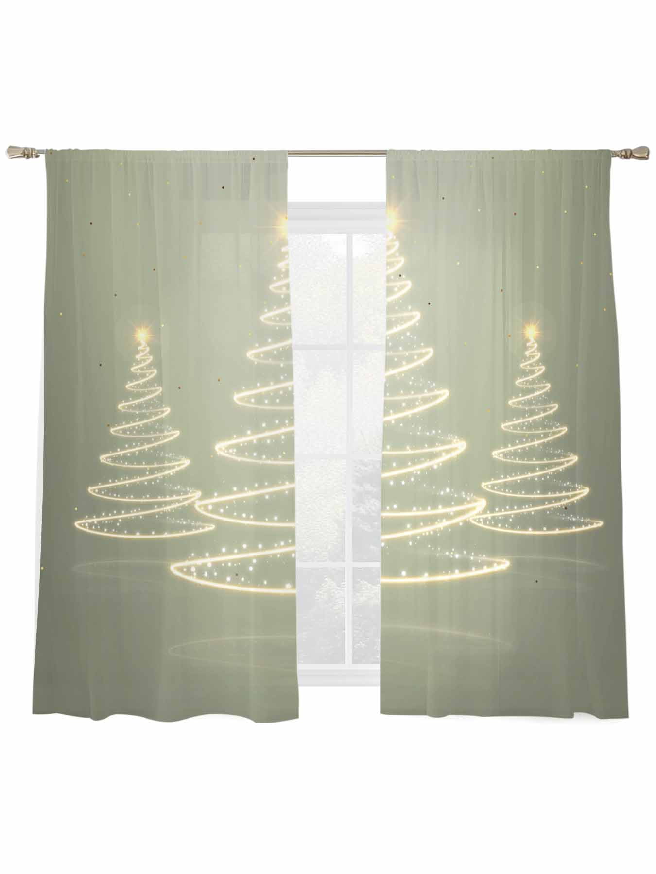 Christmas Tree Lights Sheer Curtains 72 inches Long, Stars Shinny Sage ...