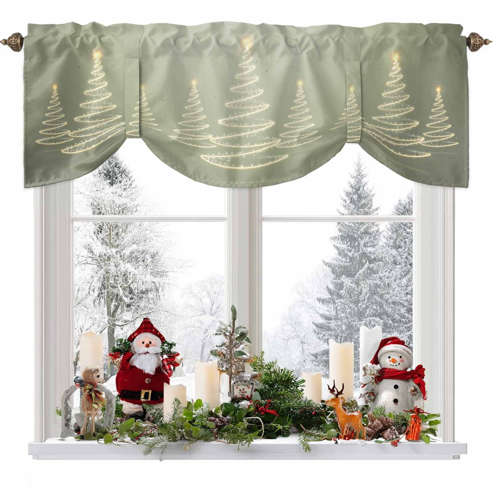 Christmas Tree Lights Tie Up Valances Curtain, Stars Shinny Sage Green ...