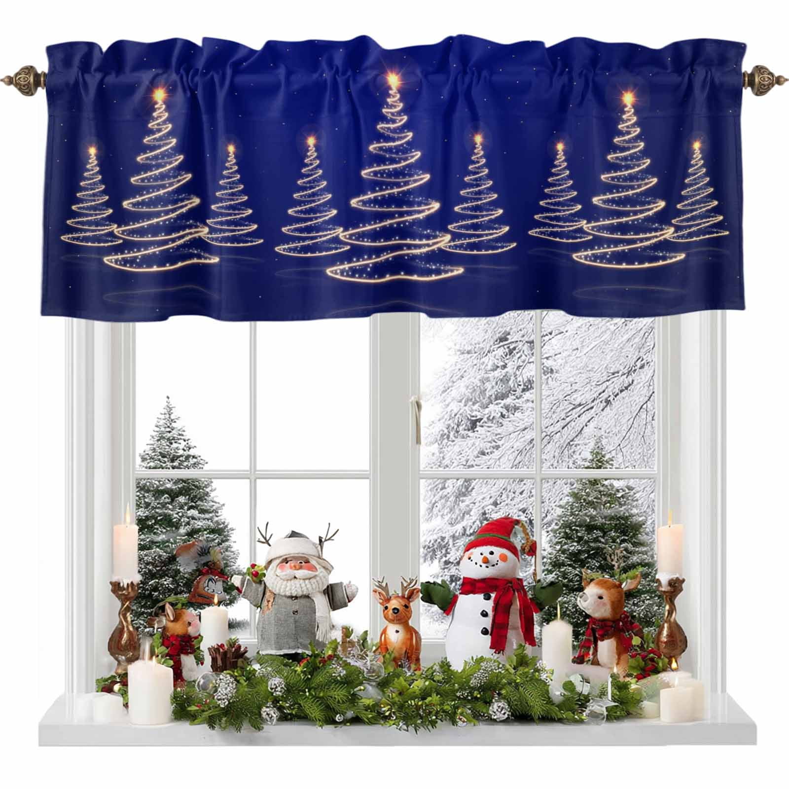 Christmas Tree Lights Valances for Windows, Stars Shinny Gold Blue Art ...