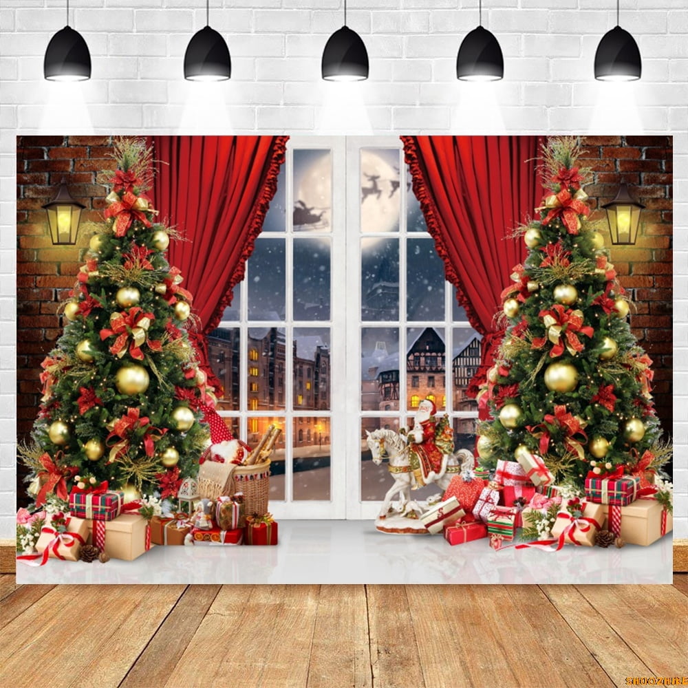 Christmas Tree Moon Window Backdrop Glitter Lights Family Xmas Eve ...