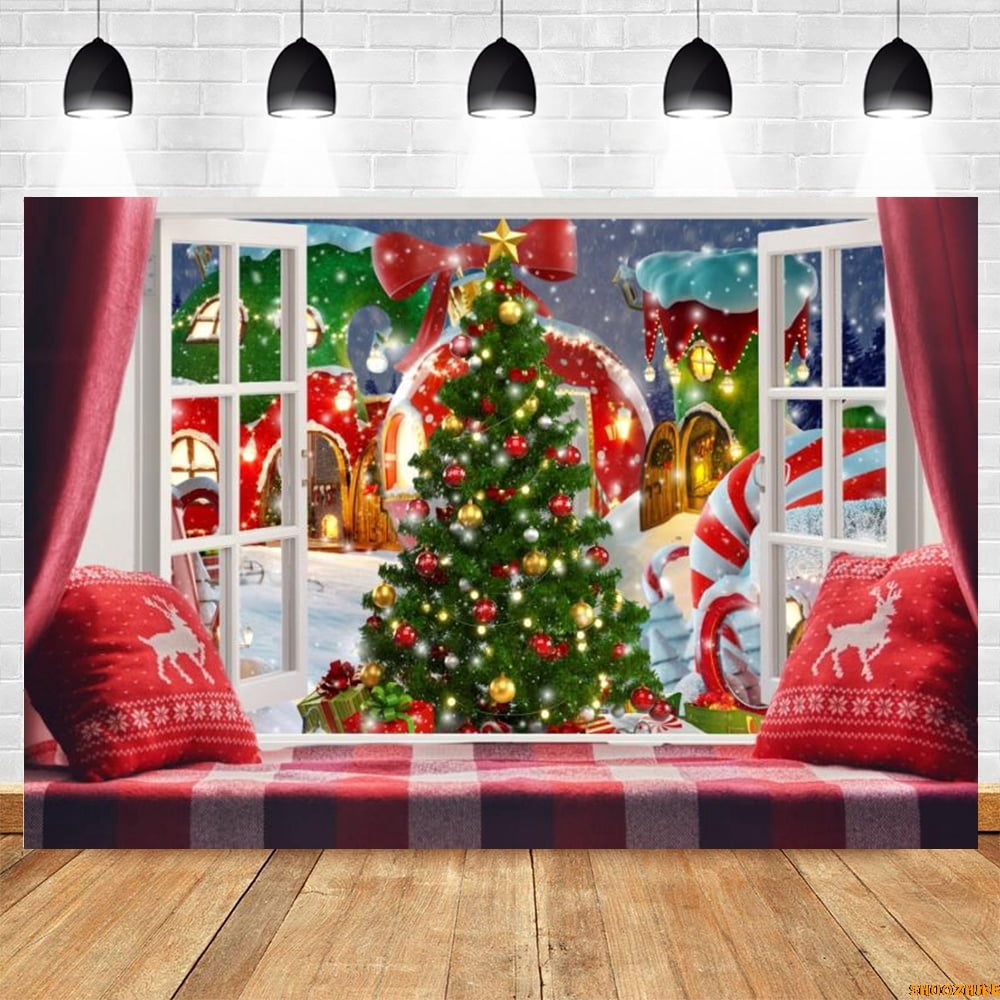 Christmas Tree Moon Window Backdrop Glitter Lights Family Xmas Eve ...