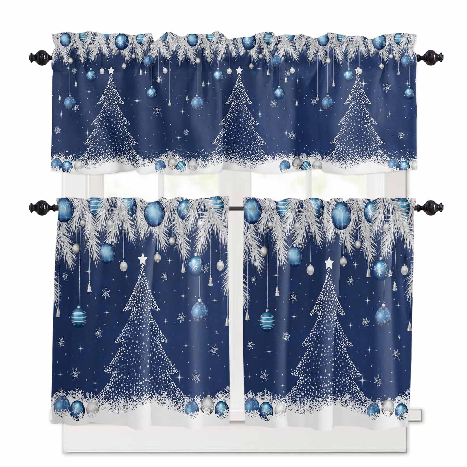 Christmas Tree Navy Ball Kitchen Curtains and Valances Set, White Pine ...